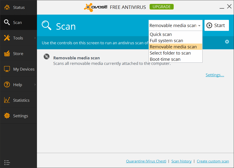 How do I scan a flash drive for viruses using avast?