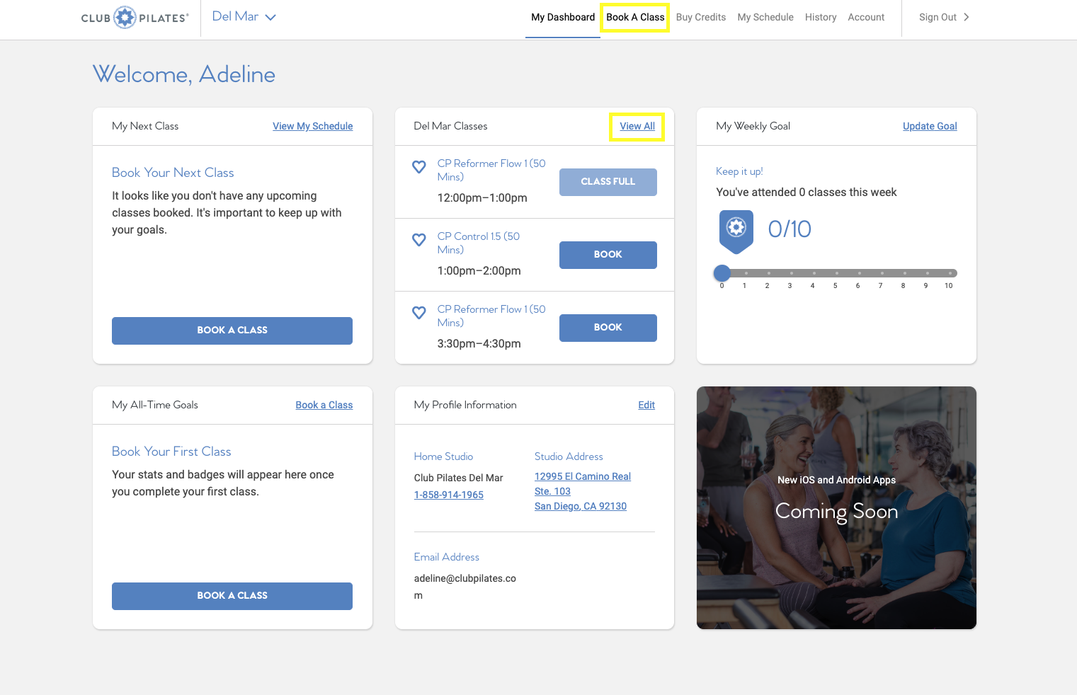 To book classes through the App