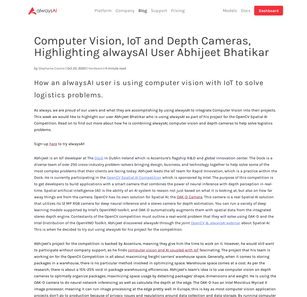 Computer Vision Iot And Depth Cameras Highlighting Alwaysai User